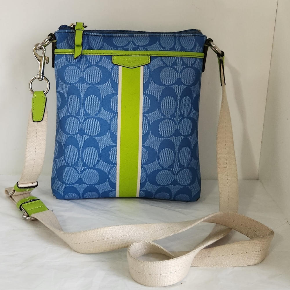 Coach Signature Leather Blue /Green Trim Leather Cros… - Gem